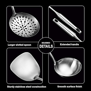 Cooking Utensils Set Stainless Steel Kitchen Metal Serving Utensils Set of 6 Pcs-Wok Spatula Ladle Set, Skimmer Slotted Spoon, Pasta Spoon, Serving Spoon, Slotted Spatula Tunner,Dishwasher Safe