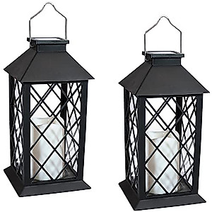 Sunnydaze Concord Outdoor Solar LED Decorative Candle Lantern - Rustic Farmhouse Decor for Patio, Porch, Deck and Garden - Tabletop and Hanging Outside Light - Set of 2 - 11-Inch - Black