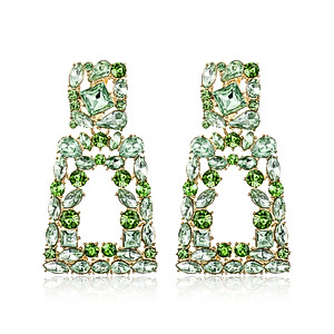 Flyonce Rectangle Clip-on Drop Earrings for Women, Sparkly Rhinestone Crystal Geometric Statement Non Pierced Earrings Light Green