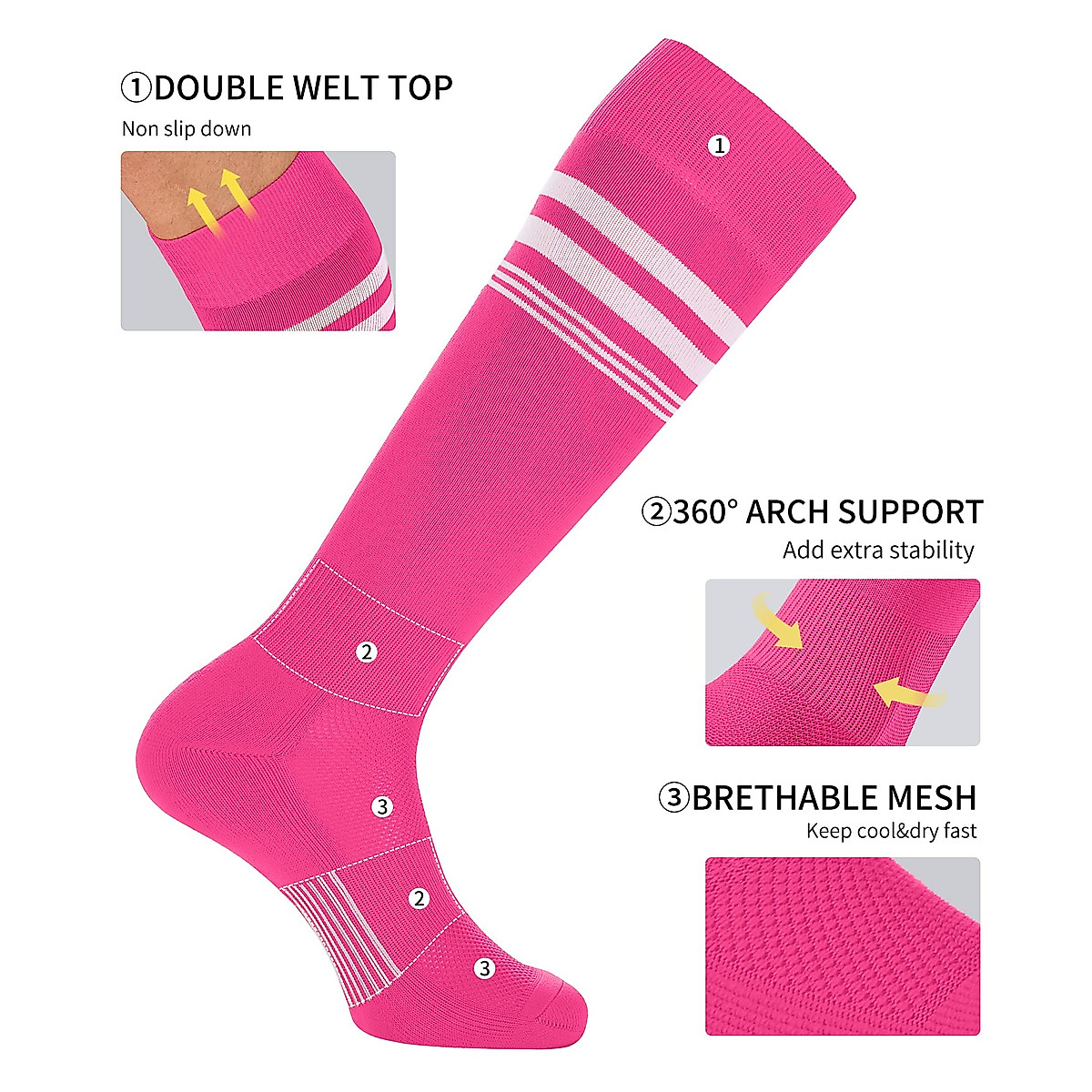 CS CELERSPORT 2 Pack Kids Soccer Socks for Youth Men and Women Sport Softball Socks with Cushion Rose Pink, Small