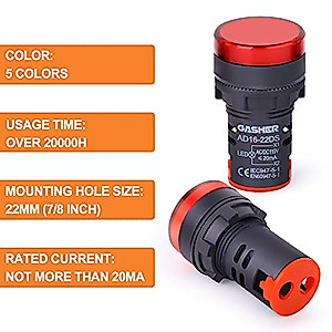GASHER 12V/24V/110V 20mA Energy Saving LED Indicator Light Mounting Hole Size 22mm (7/8 Inch) Green Yellow Red Blue White 10 Pcs