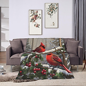 Red Birds Ultra-Soft Fleece Throw Blankets, Christmas Blanket for Bed Couch Sofa, All Seasons Home Camper Travel 60"x50"