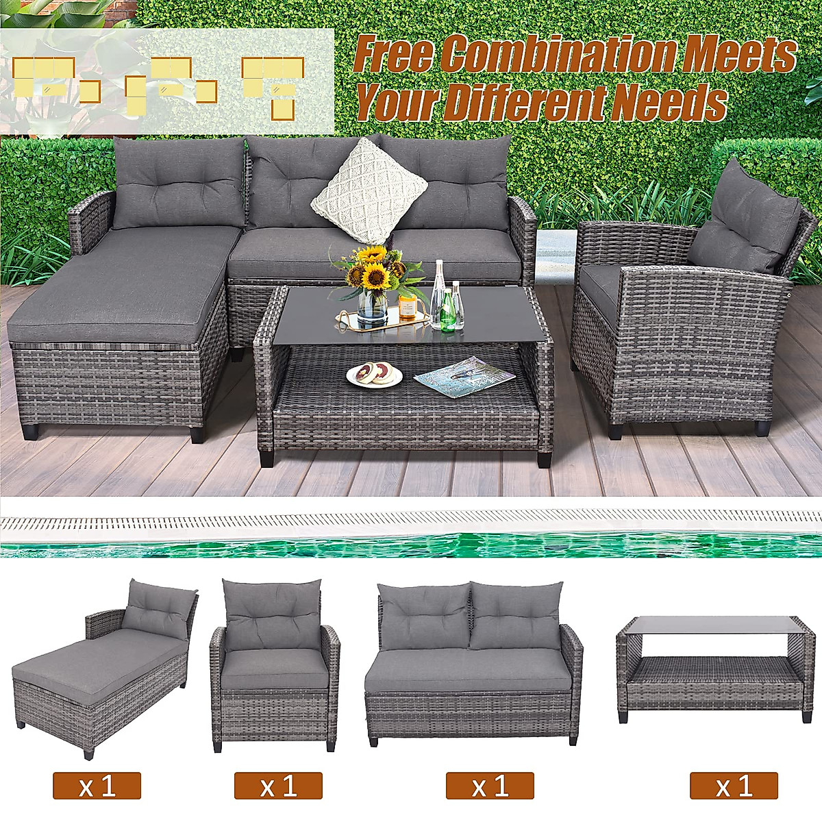 Tangkula 4 Pieces Rattan Conversation Set, Patiojoy Outdoor Furniture Set with Cushions, Lounge Sofa Set with Coffee Table, Patio Sectional Sofa Set for Patio Garden Poolside Backyard (Gray)