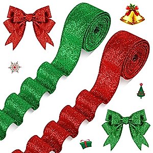 Juinte 2 Roll 20 Yards Christmas Wired Ribbon Glitter Christmas Tree Ribbon Thick Metallic Ribbon Gift Wrapping Tree Decor for Wreath Garland Party DIY Crafts Decorations(1.5 Inch,Red, Green)