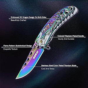 Dispatch Pocket Knife for Men Women with Clip, Folding Knife with Dragon Pattern Handle, Outdoor Hunting Camping Hiking EDC Tools