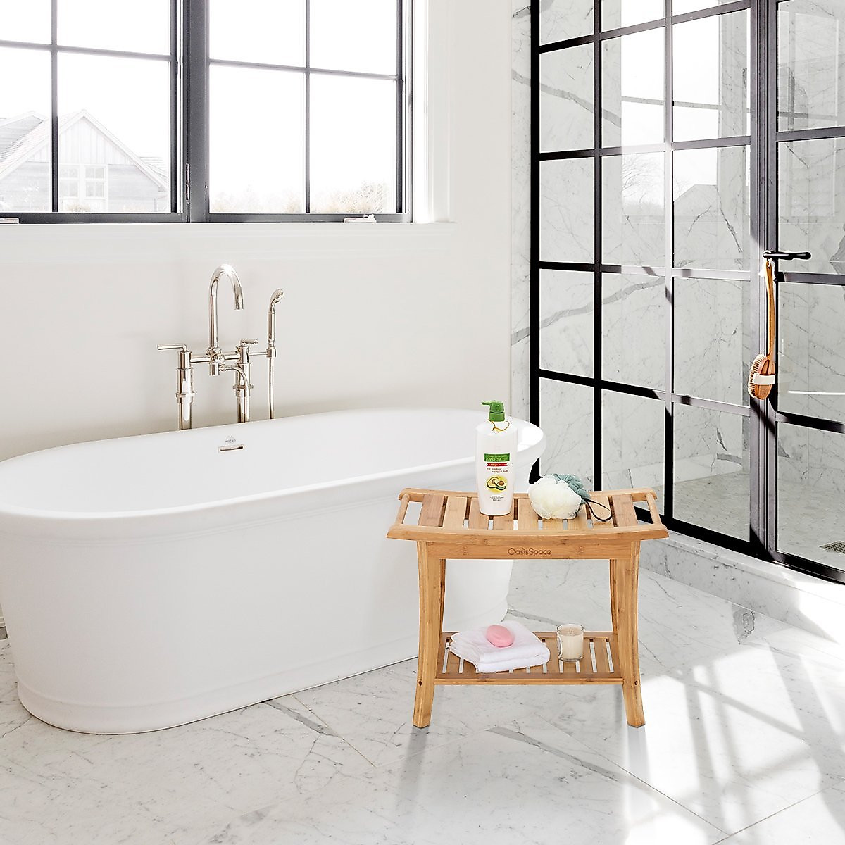 OasisSpace Bamboo Shower Bench, 24" Waterproof Shower Chair with Storage Shelf, Wood Spa Bath Organizer Seat Stool, Perfect for Indoor or Outdoor