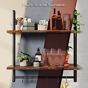 Bestier Floating Shelves Kitchen Shelves Wall Mounted 24" Wood Floating Shelf Bathroom 2 Tier Ladder Shelves with Tower Bar, Wall Decor for Bedroom, Living Room, Coffee bar & Balcony, Rustic Brown