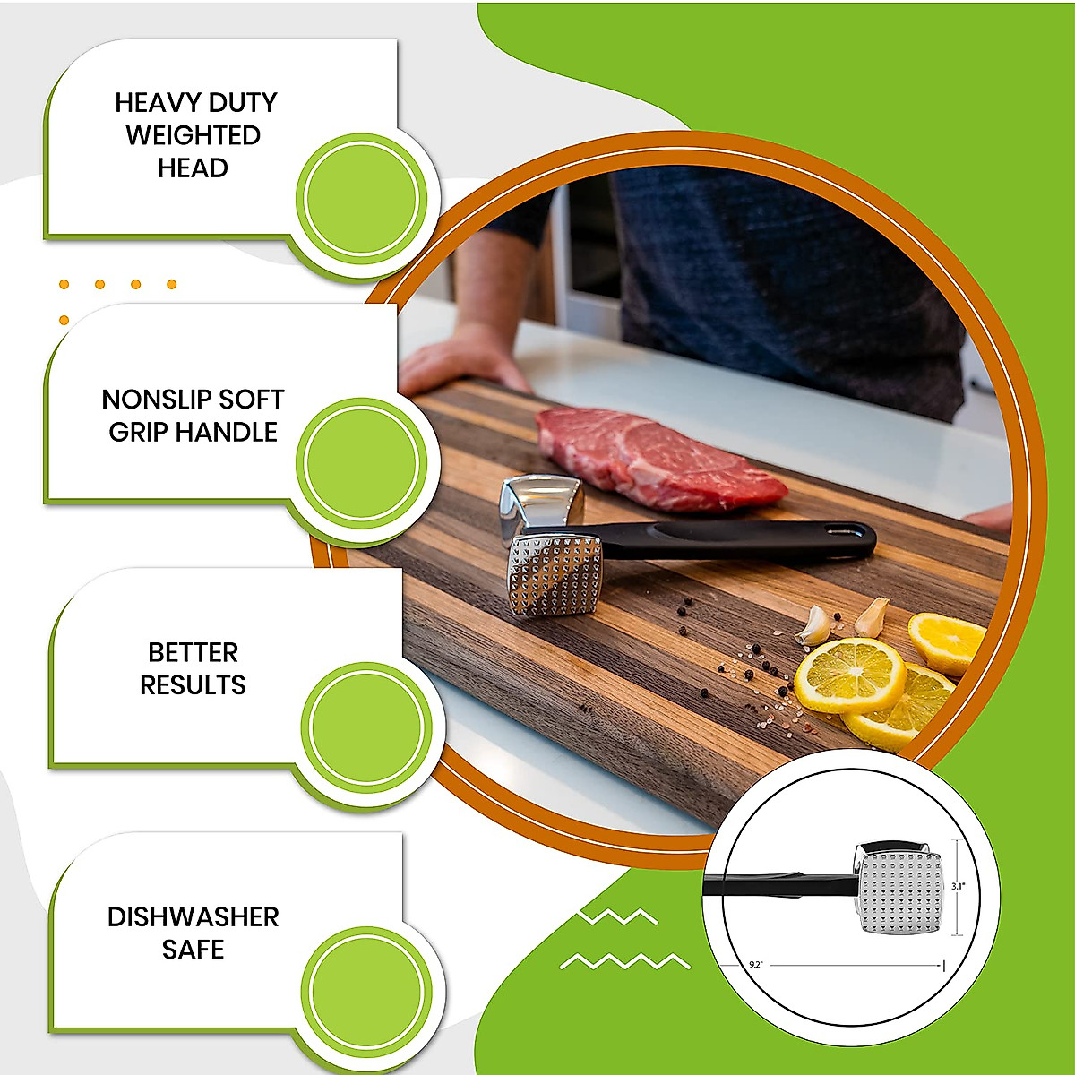 Spring Chef Meat Tenderizer Mallet, Chicken Pounder, Heavy Duty Kitchen Hammer Tool for Food - Beef and Steak Flattener - Solid Construction Beater, Dual Sided Smasher with Soft Grip Handle, Black