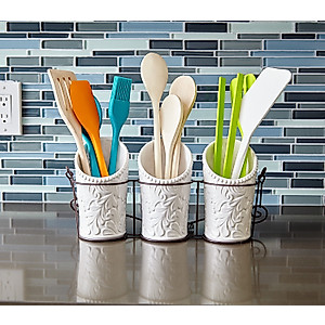 iEnjoyware Kitchen Tool Crock (4 Pieces) - 3 Ceramic Utensil Holders (4" Dia x 7" H each) & 1 Metal Caddy - White & Embossed Design