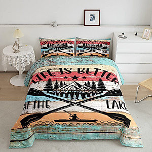 Homewish Lake Boating Comforter Set Twin Size Rustic Farmhouse Wooden Barn Bedding Set 2pcs for Boys Girls Teens Bedroom Decor Outdoor Camping Quilted Duvet Vintage Colorful Duvet Insert,1 Pillowcase