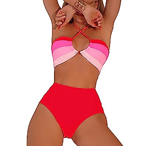 SOLY HUX Women's Color Block Halter High Waisted Bikini Set 2 Piece Swimsuit Bathing Suits Watermelon Pink Colorblock S
