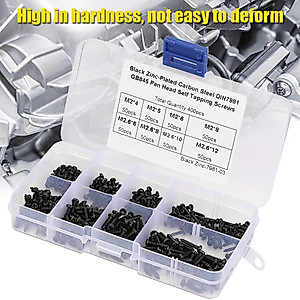 Self Tapping Screw, 400Pcs M2/M2.6 Cross Pan Head Self Tapping Screws Set Black Cross Tapping Screws Assortment Kit for Plastic,Wood,Soft Metal,etc