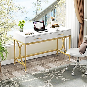 Tribesigns Modern Computer Desk with 2 Drawers, 41 Inches Study Writing Office Desk for Home Office, Bedroom, Makeup Vanity Table Desk with Gold Metal Frame, White & Gold
