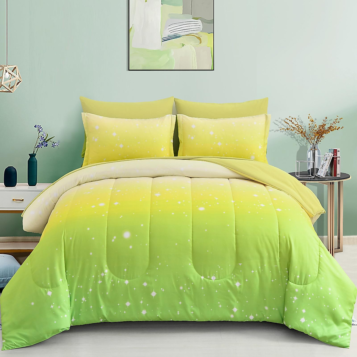 Drucon Girls Comforter Set Twin, 6 Pieces Bed in a Bag Gradient Yellow Comforter Soft Microfiber Bedding Set Twin Size(1 Comforter, 1 Flat Sheet, 1 Fitted Sheet, 1 Pillow sham, 2 Pillowcases)