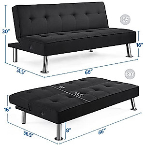 Yaheetech Modern Convertible Futon Sofa Bed w/ 2 Integrated USB Charging Ports Fabric Loveseat Couch Metal Legs, 3 Angles Adjustable Back for Compact Living Space, Apartment, Dorm, Bonus Room Black