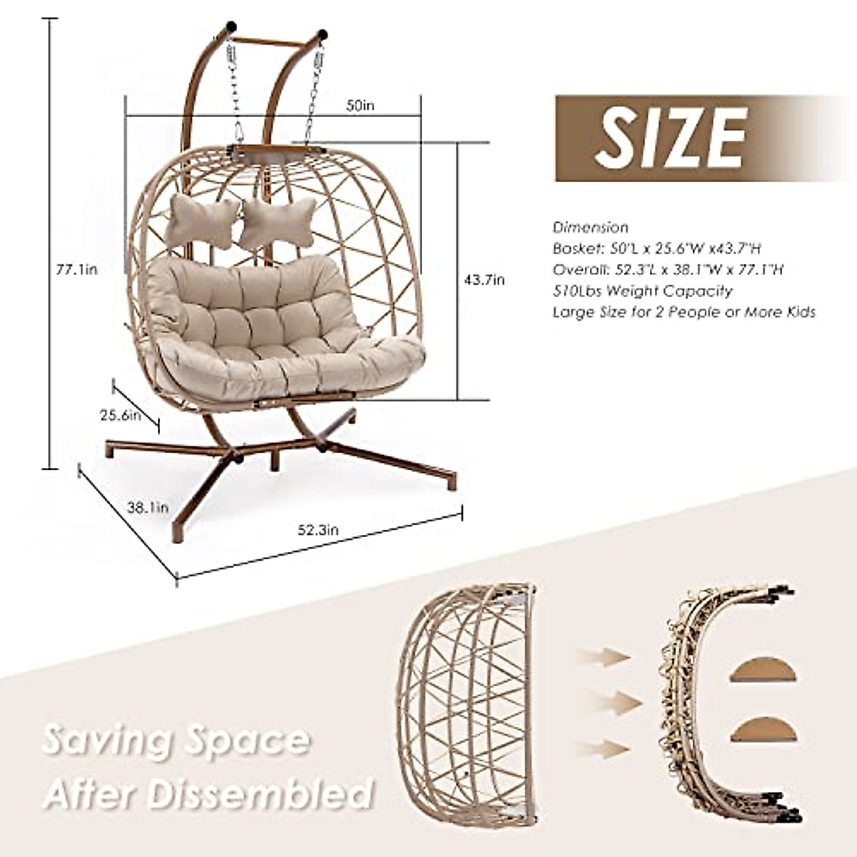 NICESOUL® Double Swing Egg Chair with Stand Large 2 Person Indoor Outdoor Wicker Patio Twins Basket Hanging Chair with Beige Cushions 510 Lbs Capaticy for Bedroom Balcony Oversized