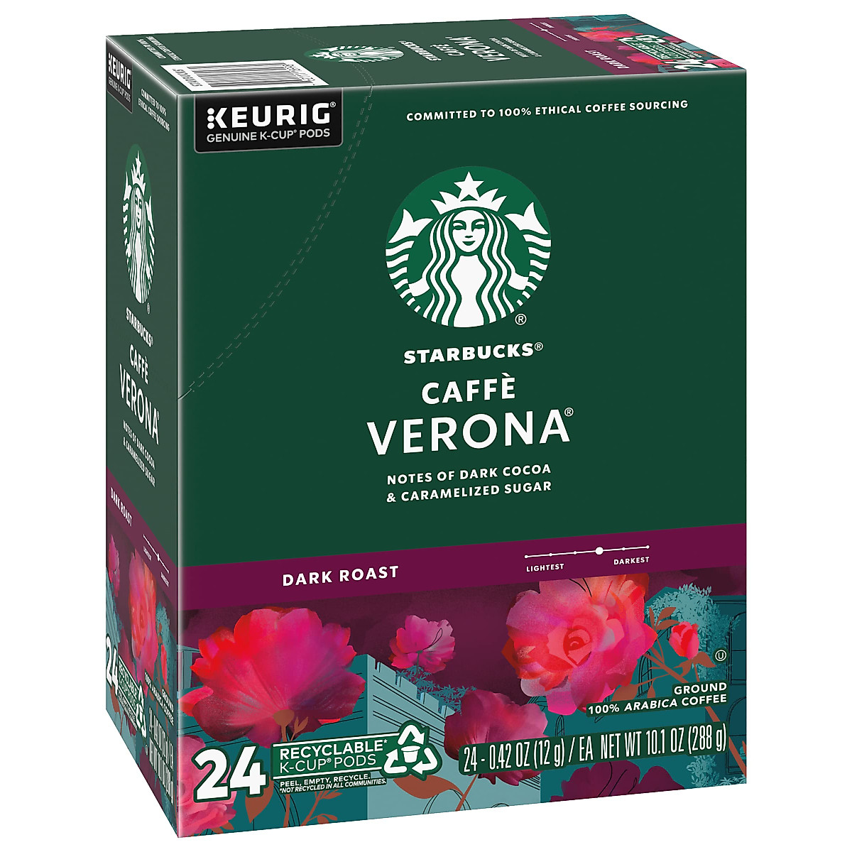 Starbucks Coffee K-Cup Pods, Caffè Verona, Dark Roast Coffee, Notes of Dark Cocoa & Caramelized Sugar, Keurig Genuine K-Cup Pods, 24 CT K-Cups/Box (Pack of 2 Boxes)