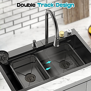 Kitchen Sink - Tiagowell 31.5'' Waterfall 304 Stainless Steel Nano Luxury Kitchen Sink with Topmount Workstation,Pull Out Faucet Combo,Cup Rinser & Sink Accessories for Kitchen,Bar,Resturant,Prep