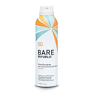 Bare Republic Mineral Sunscreen SPF 50 Sunblock Spray, Sheer and Non-Greasy Finish, Vanilla Coco Scent, 6 Fl Oz