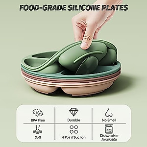 ME.FAN Suction Plates [4 Pack] Toddler Plates for Babies & Toddlers, Food Grade Silicone Baby Plates with Divided Design, Stay Put with 4 Suction Cups for Self Feeding