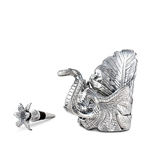 Arthur Court Aluminum Metal Elephant Wine Coaster and Stopper Set Sand casted Artisan Metal 4.5 inch Diameter Coaster 7 inch Tall