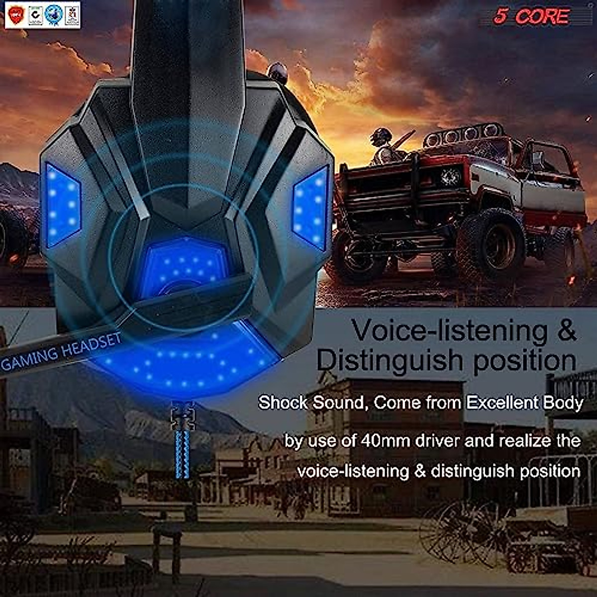 5 CORE Gaming Headset for PS4 PC One PS5 Console Controller, Noise Cancelling Microphone Over Ear Stereo Headphones with Mic, LED Light, Bass Surround, Earmuffs for Laptop Mac NES Games HDP GM1 B
