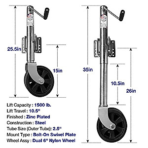 Linkloos Swivel Trailer Jack, 1500 Lbs Capacity Dual 6 inch Wheel,10.5" Lift, 25 to 35" Length Lift Heavy Duty Boat Trailer Jack for Swing-Back Boat, RV Utility