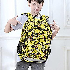 JHKKU Yellow Rubber Duck with Sunglasses School Backpack for Boys Girls Portable Wide Shoulder Strap Elementary School Bag Lightweight Travel Daypack with Reflective Strip