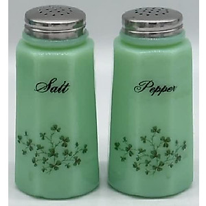 Jade Jadeite Jadite Green Glass Salt & Pepper Shaker Set w/Shamrocks - Paneled Pattern - USA