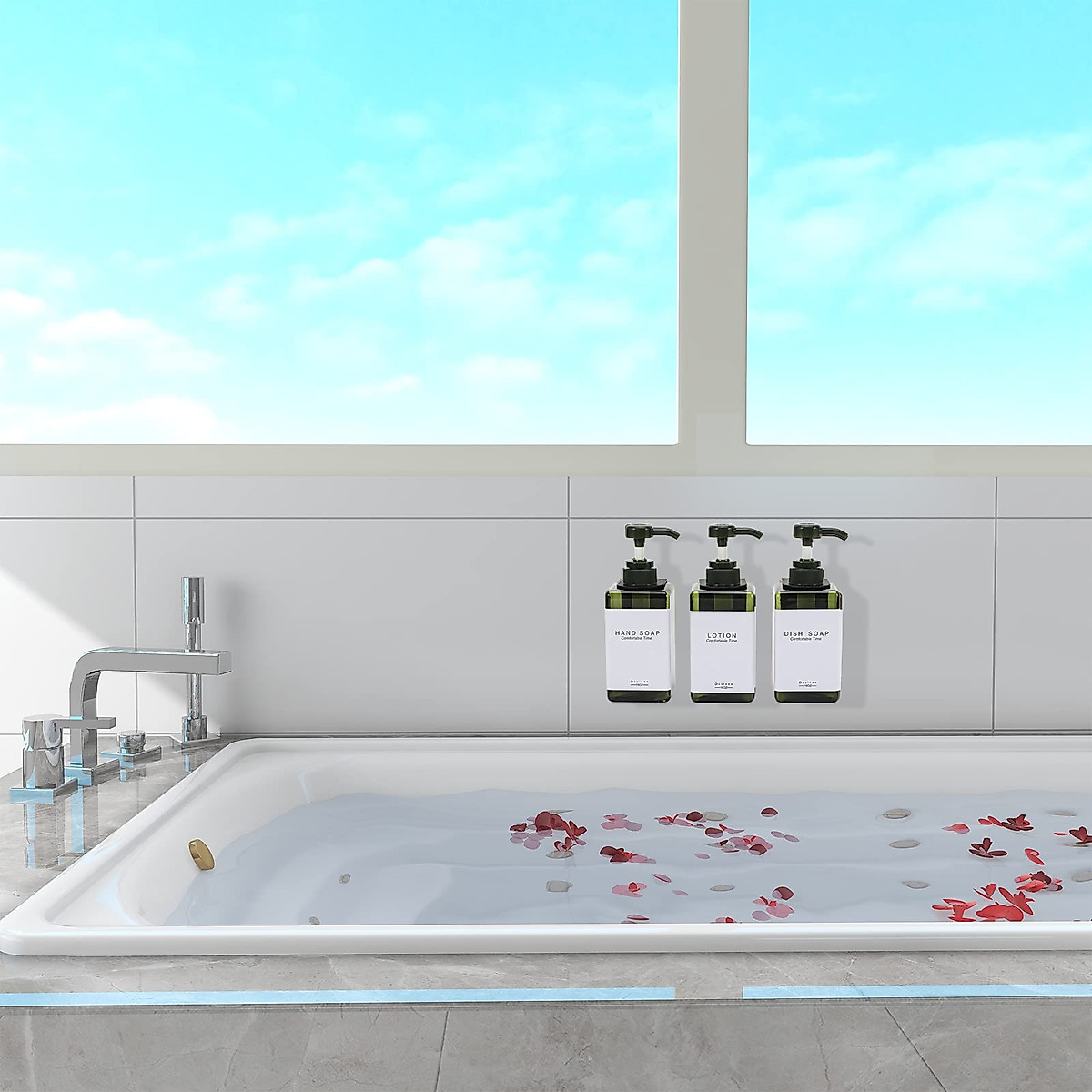 GOYISEE Shampoo and Conditioner Dispenser for Shower Wall 3 Chamber - Drill Free Square Shower Soap Dispenser Wall Mount with Waterproof Labels (3 Bottles 3 Wall Mounts-Green)