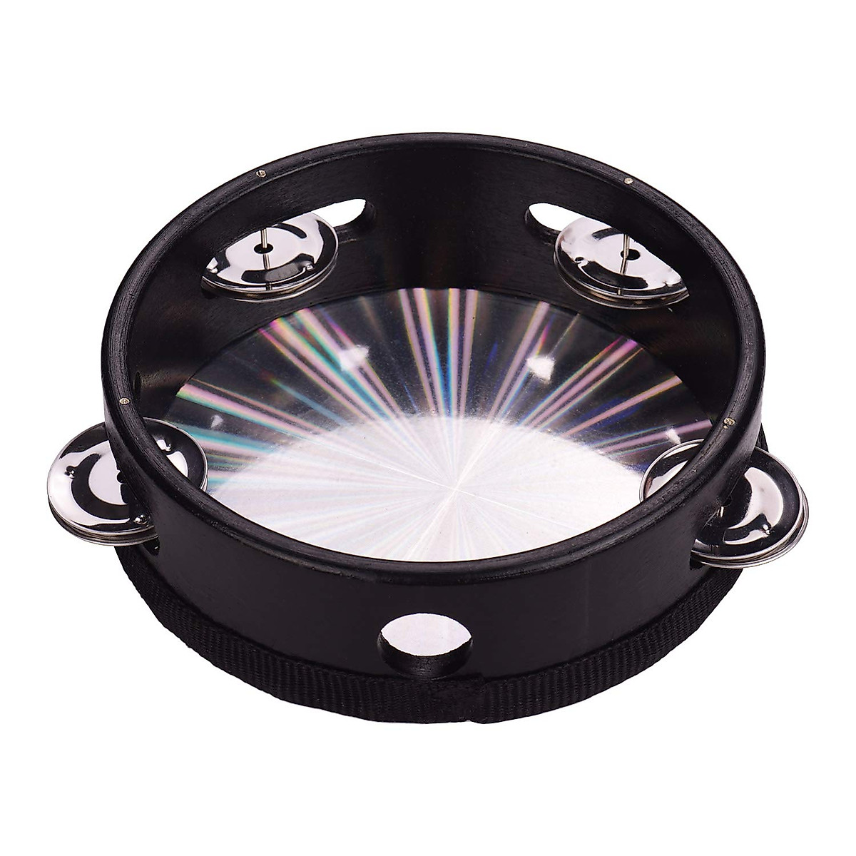 Daerzy 6 Inch Wooden Radiant Tambourine Handbell Hand Drum with Single Row Jingles Reflective Drum Head Percussion Instrument Musical Toy for Adults Kids Dancing Singing Party, Black