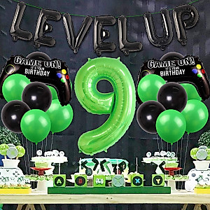 Video Game 9th Birthday Party Decoration for Boys Game on Gaming Theme Party Supplies Game Controller Level Up 9 Balloon Happy Birthday Banner Cake Topper