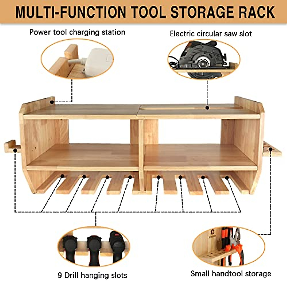 simesove Large Power Tool Organizer,Cordless Drill Holder Storage with 9 Tool Organizer Slots,Wall Mount Screwdriver and Circular Saw Storage,Solid Wooden Drill Charging Station for Garage,Father's Day Gifts