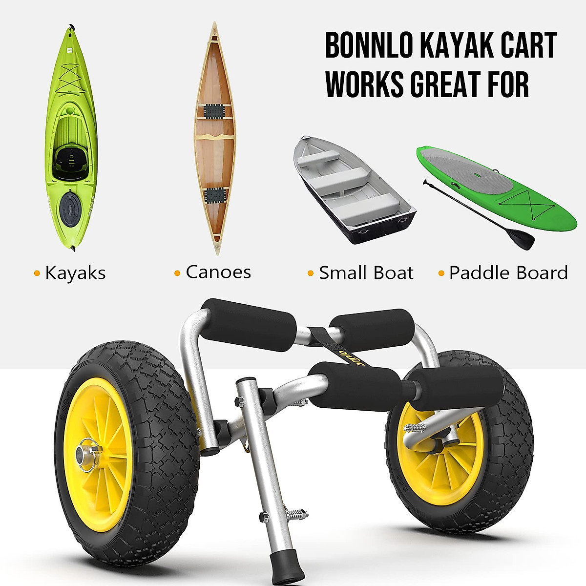 Bonnlo Kayak Car Foldable Aluminum Kayak Trailer with 10'' Solid Tires, Universal Kayak Wheels Kayak Cart Dolly for Kayak, Canoe, Paddle Board, Boat, Float Mats, Jon Boat
