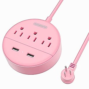 Rose Pink Power Strip with USB, NTONPOWER Flat Plug Extension Cord Nightst&Desktop Charging Station with 3 Outlet &2 USB, Wall Mount, Small Size for Dorm Room Home Office Travel, ,'5 FT Cord
