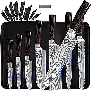 XYJ Set of Knives 8-pieces Stainless Steel Kitchen Knife Vegetable Nakiri Knife Meat Ham Steak Bread Slice Knives With Carry Roll Bag Chef Tools Set (Coffee)