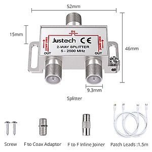 Justech 2 Way Coaxial Cable Splitter 5-2500MHz Frequency Range with 2 Cable for Sky Box CATV, Satellite TV, MoCA Configurations Telewest Eurovox Starview Dreambox