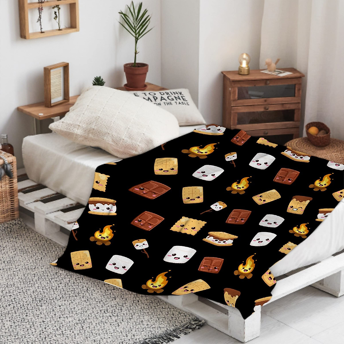 Sofcozlush Cute S'Mores Blanket Marshmallow Cookie Blanket Black Soft Plush Fuzzy Flannel Fleece Throw Blanket for Couch Food Blanket 50"x40" for Kids