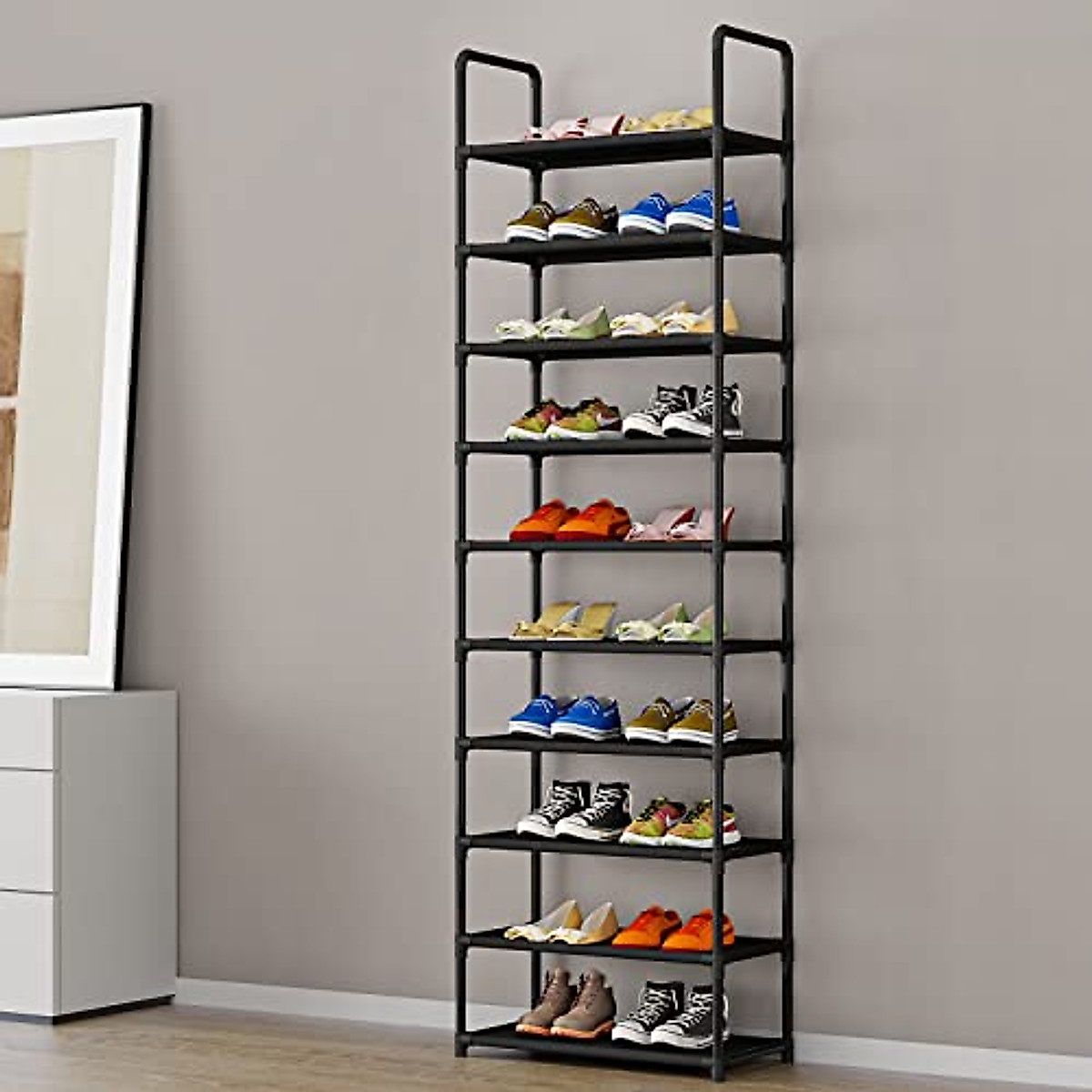 LINZINAR Shoe Rack Organizer 10 Tier Space Saving Shoe Shelf Storage Sturdy Metal Shoe Tower for Closet Entryway Bedroom, Black