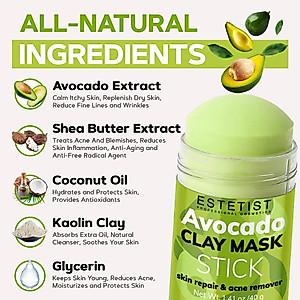 Avocado Clay Mask Stick Set Deep Pore Cleanser Blackhead Remover Replenishing Moisture Oil Control and Balance Skin Detoxifying Anti-Acne Treatment Skin Care for All Skin Types Pack of 3