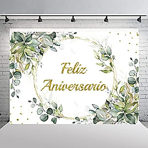 Lofaris Feliz Aniversario Backdrop for Photography Green Leaves Shinning Dots Gold Ring Mexican Happy Anniversary Decorations Supplies Floral Cake Table Banner Photo Booth Props 7x5ft