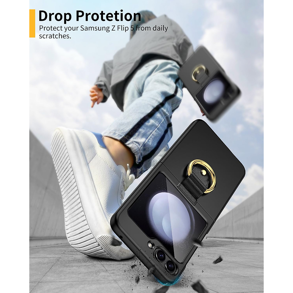 Lanhiem for Samsung Galaxy Z Flip 5 Case, [Ring Holder] Hard Protective Heavy Duty Case Full Body Shockproof Phone Ultra Thin Cover for Samsung Galaxy Z Flip 5 - Black