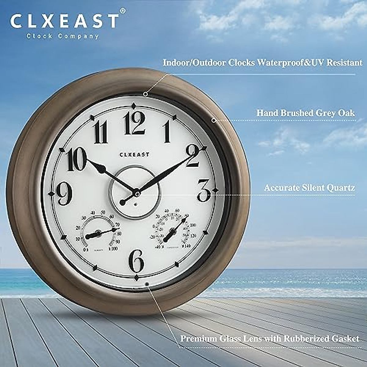 CLXEAST Illuminated Outdoor Clocks Waterproof 18 Inch with Smart Sensor,Large Outdoor Pool Clock with Temperature & Hygrometer,Wall Clock for Living Room Decor,Grey Oak/Faux Barnwood
