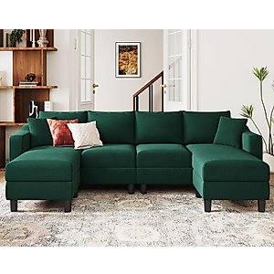 Belffin U Shaped Sectional Sofa Velvet Convertible Sofa with Reversible Chaises Sectional Couches with Ottomans for Living Room (Green)…