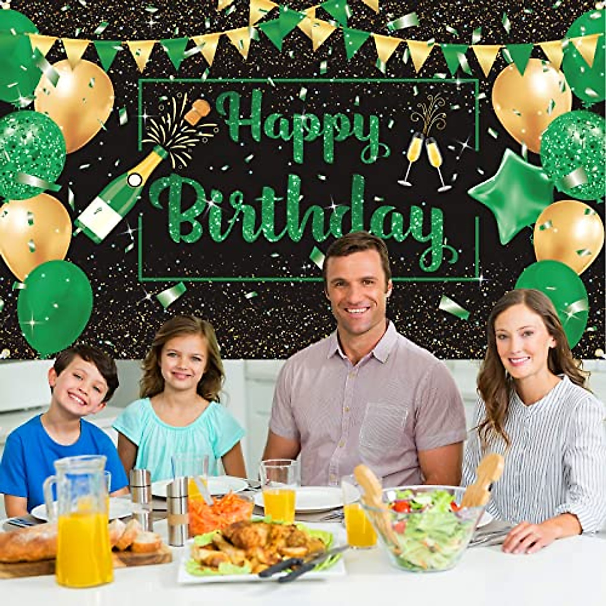 Green Black Gold Birthday Party Decoration Banner, Green Black Happy Birthday Backdrop Banner, Large Green Black Gold Birthday Banner Photo Background Party Decoration for Men Women Boys Girls