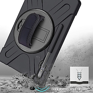ProCase Galaxy Tab S8 Plus 2022 / S7 Plus 12.4” 2020 Case with S Pen Holder (Model SM-X800/X806/T970/T975), Rugged Heavy Duty Shockproof Case with Hand Strap Rotating Kickstand Protective Cover–Black