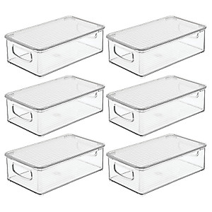 mDesign Plastic Pantry Storage Box Container with Lid and Built-In Handles - Organization for Flour, Cereal, Pasta, Rice, or Food in Kitchen Cupboard, Ligne Collection, 6 Pack, Clear/Clear
