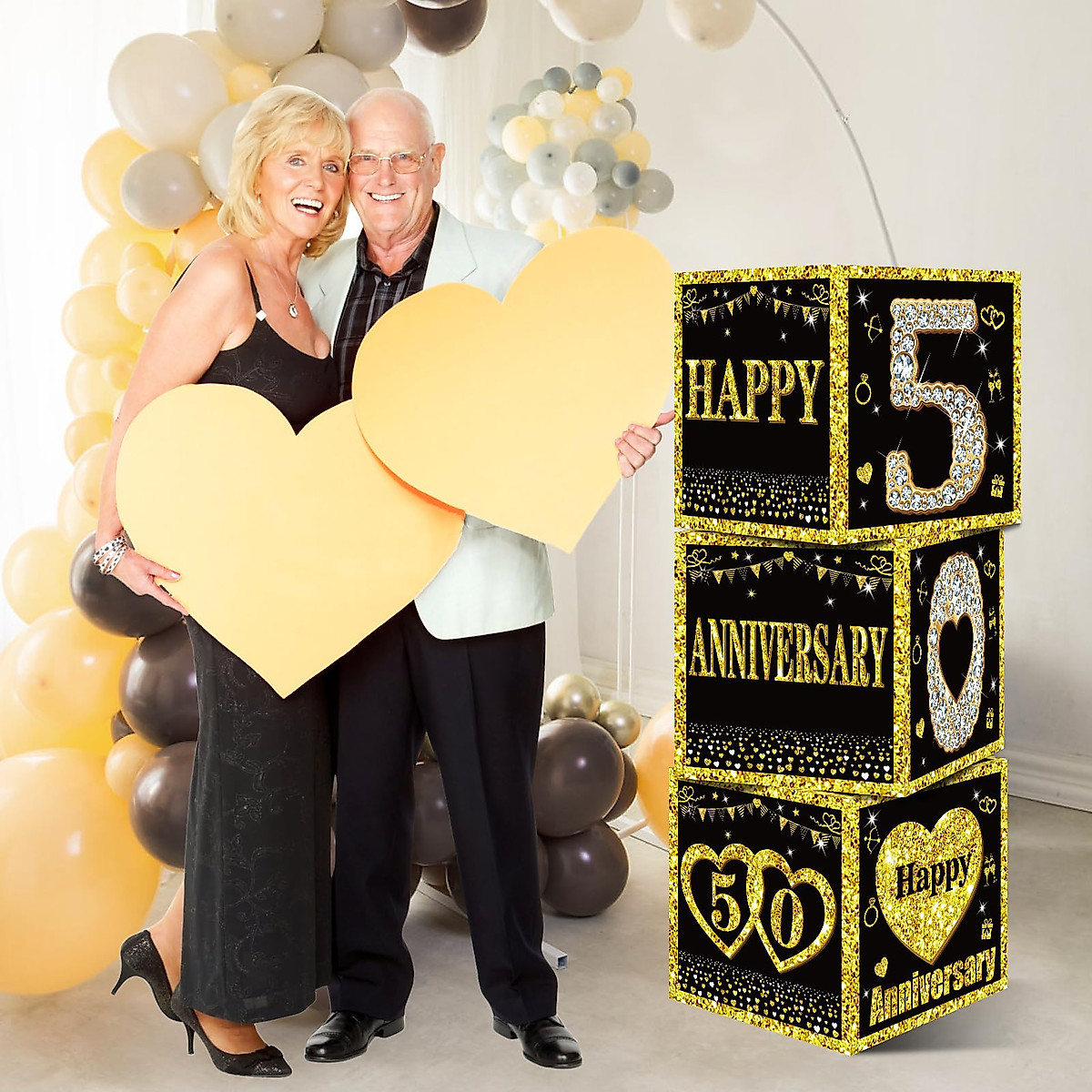 Zirtorei 3Pcs 50th Wedding Anniversary Decorations Boxes, Black Gold Happy 50 Anniversary Balloons Boxes Party Supplies, Fifty Year Old Marriage Anniversary Theme Cardboard Box