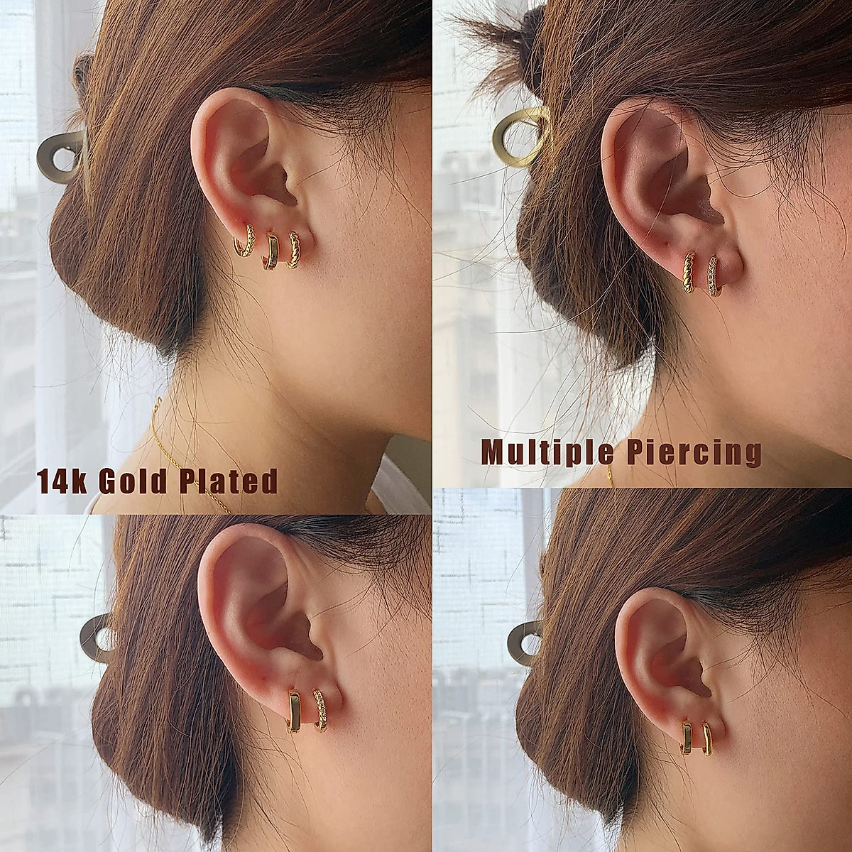 4 Pairs 14k Gold Hoop Earrings Set Twisted Glossy Zirconia Small Huggie Earrings For Multiple Piercing Cuff Cartilage Jewelry For Women