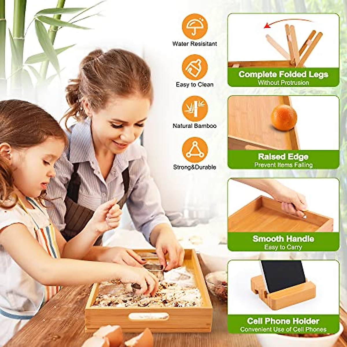 Greenual Bed Tray Table with Folding Legs for Eating Serving Tray with Handles Bamboo Breakfast Food Table Comes with Phone Holder Portable Snack Platter for Bedroom Hospital Picnic